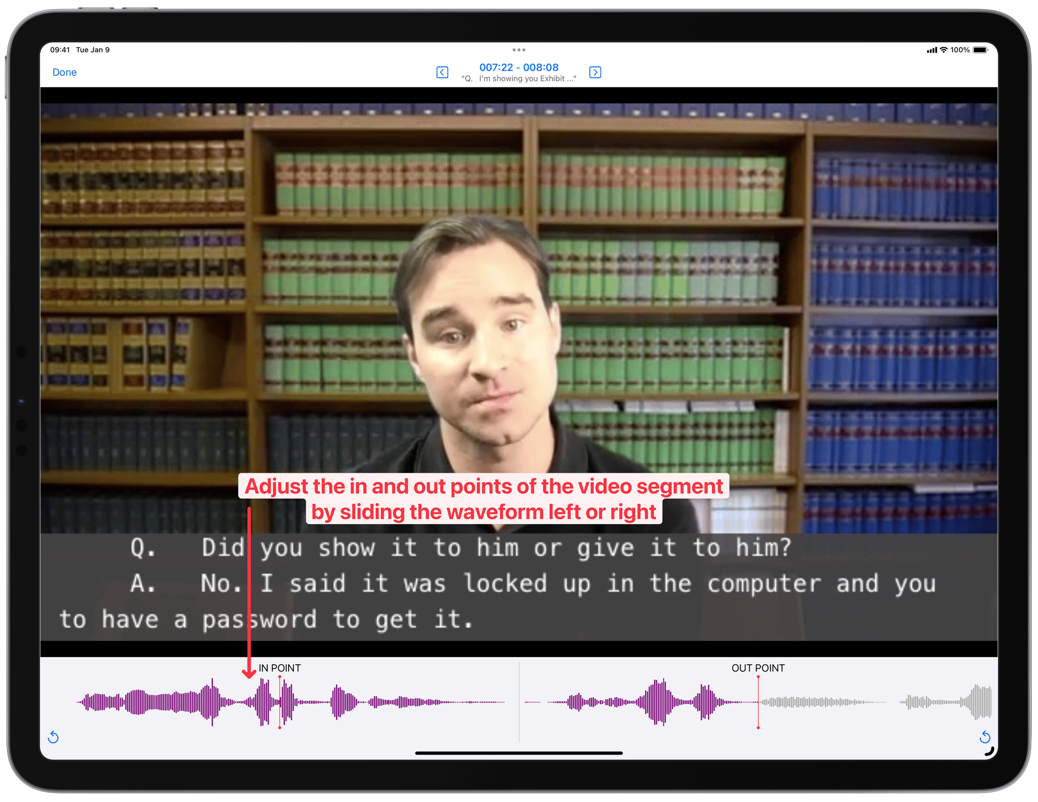 How do I sync a transcript with the video of a deposition and edit clips?